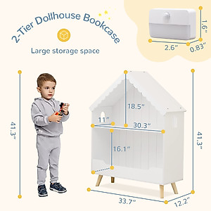 Curipeer Kids Dollhouse Bookshelf, Wooden Bookcase Storage with Motion-Activated Light, 2-Tier Open Display Organizer for Toys and Books, Baby Bookshelf for Birthday, Christmas, White