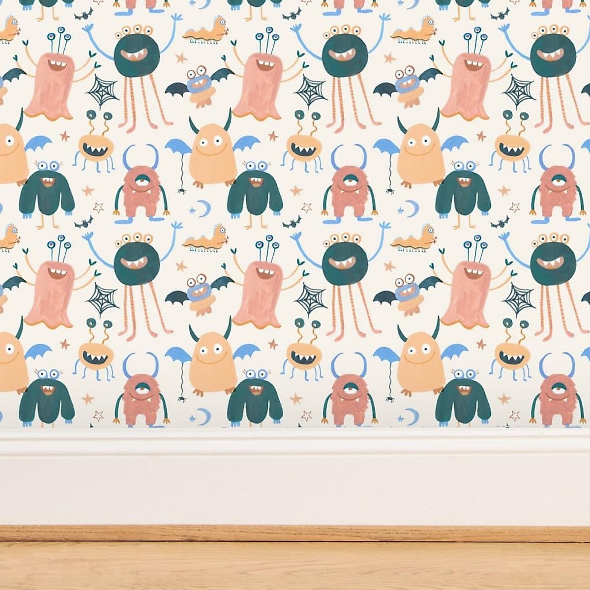 Commercial Grade Wallpaper Swatch - Cute Kids Monsters Watercolor Pastel Playful Room Monster Creature Bat Spooky Spider Web Moon Stars Traditional Wallpaper by Spoonflower