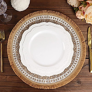 BalsaCircle 4 Natural 15 in Round Woven Burlap Jute Placemats White Print Fringe Trim Wedding Party Event Home Decorations Supplies