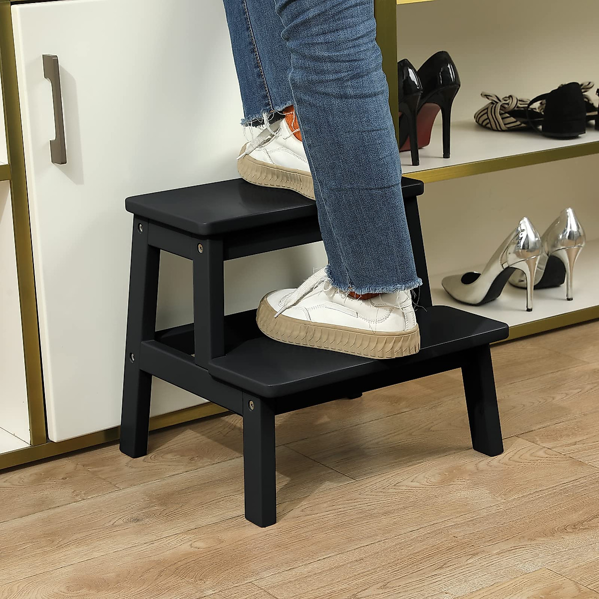 HOUCHICS Wooden Step Stool for Adults Kids, Solid Wood Bed Step Stool, Multi-Purpose 2-Step Stool for Kitchen, Bed, Bathroom with 260lb Load Capacity Black