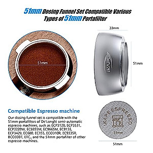 IKAPE Magnetic Dosing Funnel Set, 51MM Espresso Dosing Ring & Puck Screen Kit Compatible with Delonghi 51MM Bottomless Portafilter - with 8 Small Magnet (Silver)