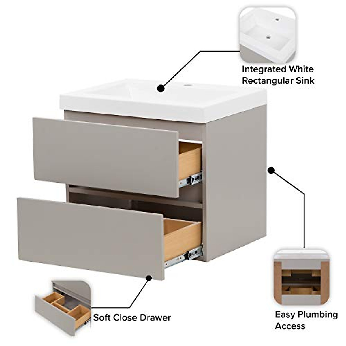 Spring Mill Cabinets Innes 24 Inch Floating Bathroom Vanity with White Single Sink Top, 2 Soft-Close Drawers, 24.5" W x 18.75" D x 22.25" H, Gray