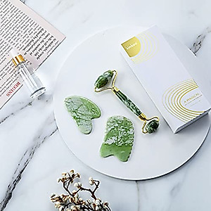 Kimkoo Jade Roller and Gua Sha Set,100% Real Natural Jade Stone,Facial Sculpting and Lymphatic Drainage,