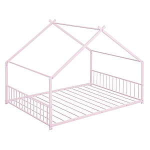 Favfurish Metal Full Size House Bed with Roof and Slats Support,Playhouse Design Montessori Floor Bed Frame W/Headboard & Footboard,No Box Spring Needed,for Kids Girls Boys,Pink