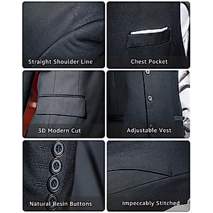 Hihawk Men's 3 Piece Slim Fit Solid Tuxedo with Stretch Fabric, One Button Shawl Collar Jacket Vest Pants with Bow Tie. Black Medium