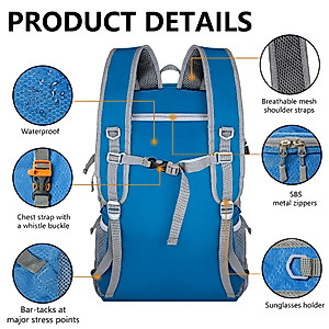 Goloni Ultra Lightweight Packable Backpack 40L - Foldable Hiking Backpack Water Resistant Small Foldable Daypack for Travel,Po Blue