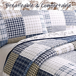 Cozy Line Home Fashions Benjamin Cute Dinosaur Plaid Navy Blue White Grey Bedding Quilt Set 100% Cotton Reversible Coverlet Bedspread Set for Kids Boy(Twin - 2 Piece)