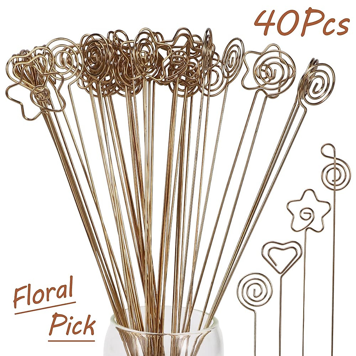 CALIDAKA 40pcs Metal Wire Floral Picks Wire Place Card Holder Stand Gold Floral Card Holder Clip for Wedding Party Birthday Office DIY Cake Topper Shower Party Flower Favor Card Holder(Size:13inch)
