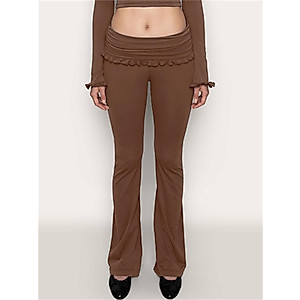 Women Low Rise Flare Leggings Y2k Fold Over Yoga Pants Bootcut Stretchy Skinny Sweatpant Lounge Workout Athletic Wear (Ruffle Hem, Brown, S)