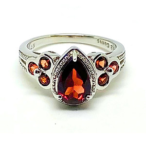 RB Gems 925 Sterling Silver Ring Genuine Gems Pear Shape 9x6 mm with Bezel-set Accented Gems, Rhodium-Plated Finish (Garnet, 9)