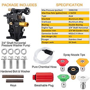 3300 PSI Pressure Washer Pump 3/4" Shaft Horizontal Power Washer Pump Replacement 2.5 GPM Pressure Pump Replacement for Honda GC160 Power Washer