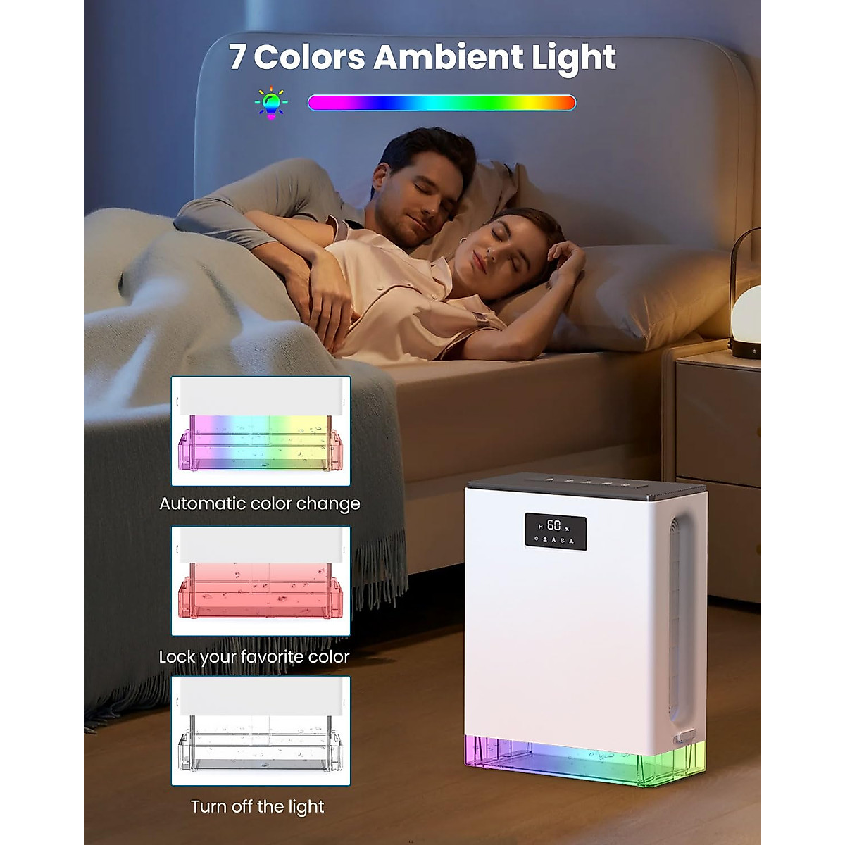 BIZEWO Dehumidifier for Home, Queit Dehumidifiers for Basement, Bathroom, Bedroom with 101 oz Water Tank, Large Room Dehumidifier with 2 Working Mode, Auto Shut Off, 7 Colors LED Light