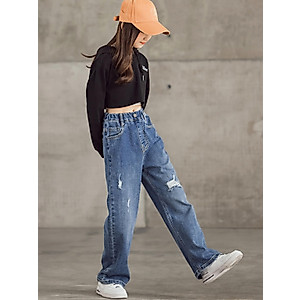 Rolanko Girls Skinny Ripped Jeans Mid-Rise Elastic Wide Leg Baggy Denim Pants for 4-14 Years (Blue Hole, 12-14)