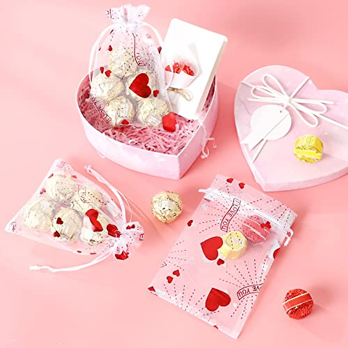 ENNIYU 100PCS Heart Organza Bags, 4x6 Wedding Favor Bags with Drawstring, Premium Mesh Jewelry Gift Bags for Valentines Candy Bags