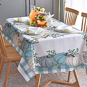 pinata Fall Tablecloth, Teal Buffalo Plaid Pumpkins Table Cloth Rectangle 60x84 inch, Autumn Farmhouse Harvest Fabric Kitchen Table Decorations for Dinner, Parties, Fall Indoor or Outdoor Decor