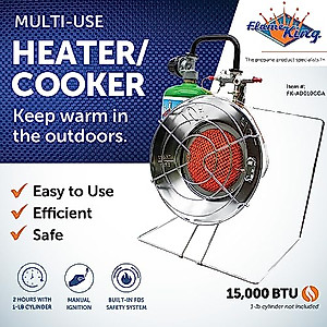 Flame King FK-AD010CGA Multi-Use Portable Propane Heater/Cooker 15,000 BTU for Camping, Ice Fishing, and Backpacking Trips, Silver