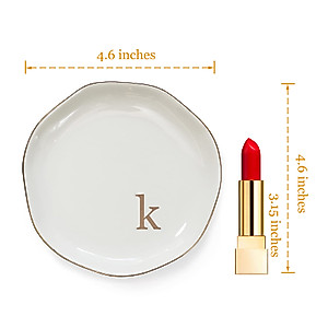 HOME SMILE Initials Ring Dish Jewery Tray with Personalized K-Monogrammed Engagement Wedding Gifts for Friends,Sister,Birthday Christmas Gifts for Women,Ceramic White