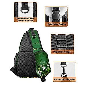 Sling Backpack, St.Patrick's Day Shamrocks Gnome Green Wood Grain Waterproof Lightweight Small Sling Bag, Travel Chest Bag Crossbody Shoulder Bag Hiking Daypack for Women Men