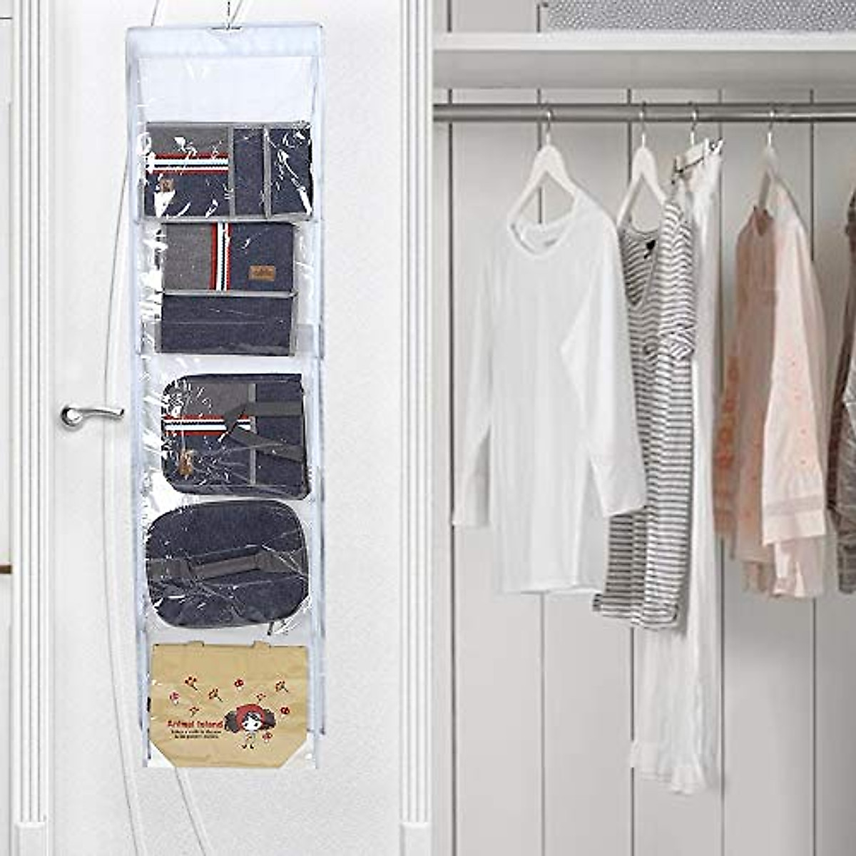 Hanging Handbag Organizer for Closet, Clear Hanging Purse Organizer Storage for Purses and Handbags with 10 Pocket for Bedroom(Light Grey)