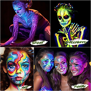 24 Colors Face & Body Paint with 2 Brushes UV Blacklight Neon Rainbow Face Painting Kit for Kids Adult Water Activated Graphic Eyeliner Glow In The Dark for Halloween, Cosplay, Parties & Stage Makeup
