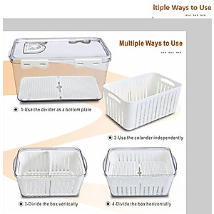 Rhewatin 3pc Fruit Storage Containers for Fridge with Time Keeper, Partitioned Vegetable Storage Containers for Refrigerator with Removable Colander and Divider, Airtight Lettuce Keeper, White