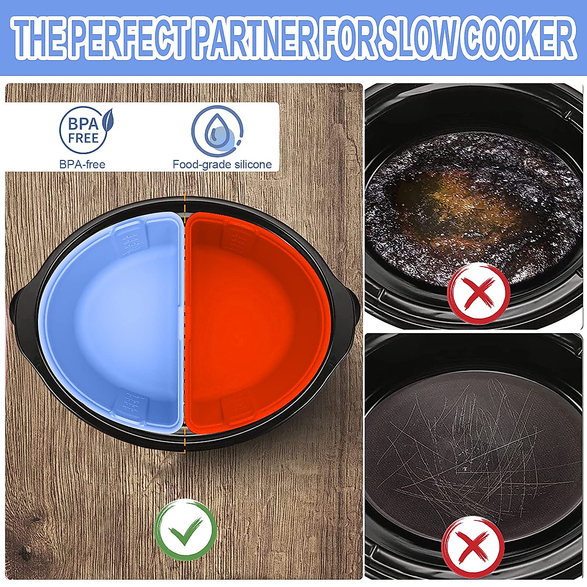 CHAHOT Silicone Slow Cooker Liners-2Pcs Slow Cooker Divider Liners for Crock Pot 6QT, Reusable Leakproof Dishwasher Safe BPA Free Food Grade Silicone Slow Cooker Liners for Crockpot Slow Cooker 6-7QT