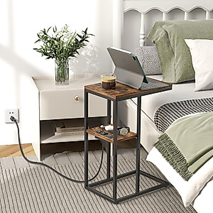 Yoobure C Shaped End Table with Charging Station, Small Side Tables for Living Room, Bedroom, Sofa Table with USB Ports and Outlets for Small Spaces, C Couch Table Rustic Snack Table Bed Side Table