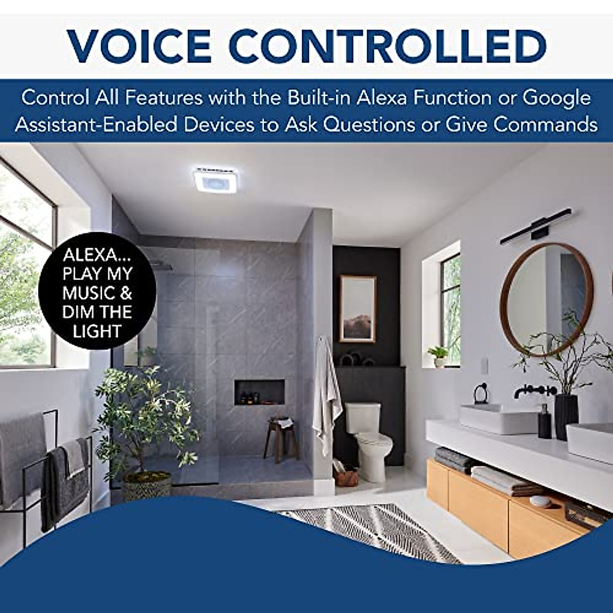 Broan-NuTone VC110CCT Sensonic Alexa Voice Controlled Smart Exhaust Fan with Dimmable LED Light and Bluetooth Speakers, 110 CFM