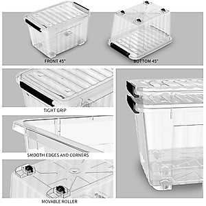 Cetomo Plastic Storage Bin Box Stackable and Nestable with Lid and Secure Latching Buckles, Clear, 60Qt x 6, Pack of 6