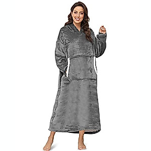 Sendowtek Wearable Blanket for Women Men Long Sherpa Hoodie with Giant Pocket Cosy OneSize Hoodie Blanket Fit for Adult Teens (Grey)