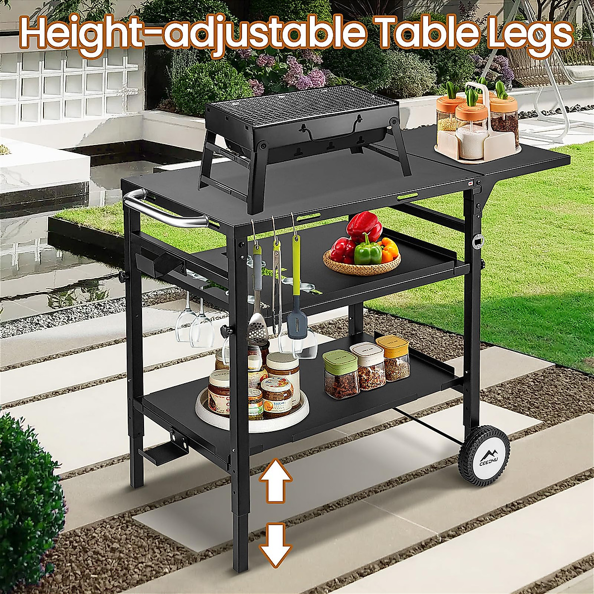 CEED4U Folding Grill Cart Table with Three-Shelf, 40" x 20" Movable BBQ Cart Sturdy, Height-Adjustable, Spacious Tabletop Grill Stand Dining Cart Table for Car Tailgating, Camping, Party