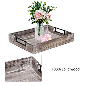 Adeco Rustic Wood Serving Trays Set | Nesting Wooden Tray with Black Sleek Metal Handles | Vintage Wood Platters for Kitchen, Dining Room, Living Room| Large:18.9X2.6X14.2” - Small:15.7X2.6X11.8”