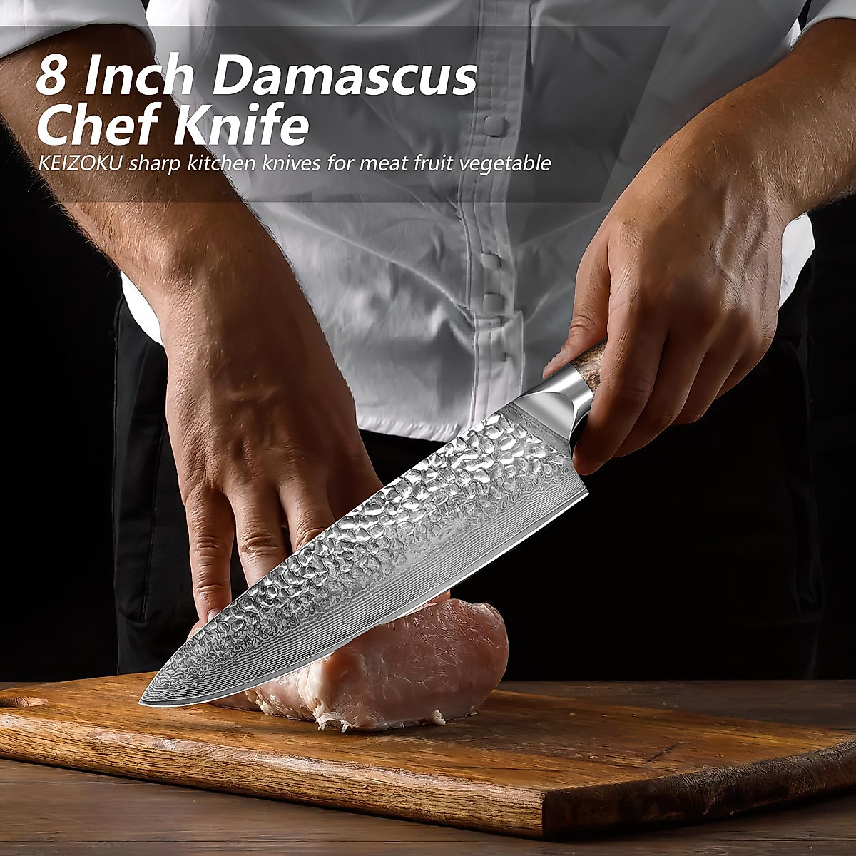KEIZOKU Damascus Chef Knife, 10Cr15MOV Japanese Kitchen Knives Set with Full Tang G10 Handle, Professional Chef Knife for Kitchen, Sheath & Gift Box (8 Inch Chef Knife)