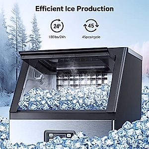 Kismile Commercial Ice Maker, Freestanding Square Ice Cube Maker 100lbs/24h, 28lbs Storage Bin, Full Heavy Duty Stainless Steel Construction, Ice Maker Machine for Home Bar