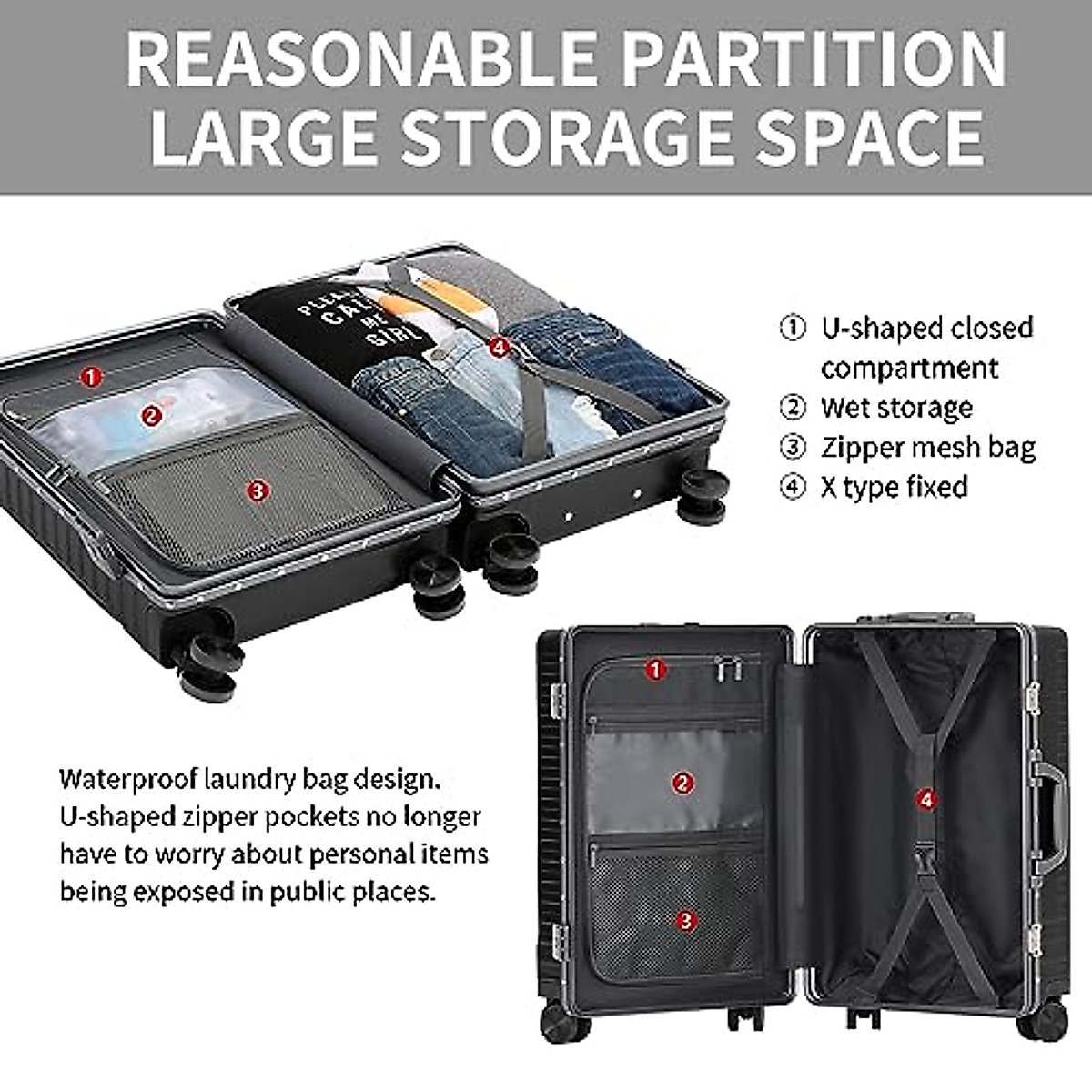 CAARANY Airline Approved Carry On Luggage With Front Pocket,20 Inch Aluminum Frame Luggage With Usb Charging Port,Pc Hard Case Travel Suitcase With Spinner Wheels And Tsa Lock（Black）