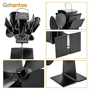 Wood Stove Fan Heat Powered Stove Fan with Thermometer, 4-Blade Fan Start Silent for Wood Fireplace Log Burner Increases Warm Friendly and Efficient