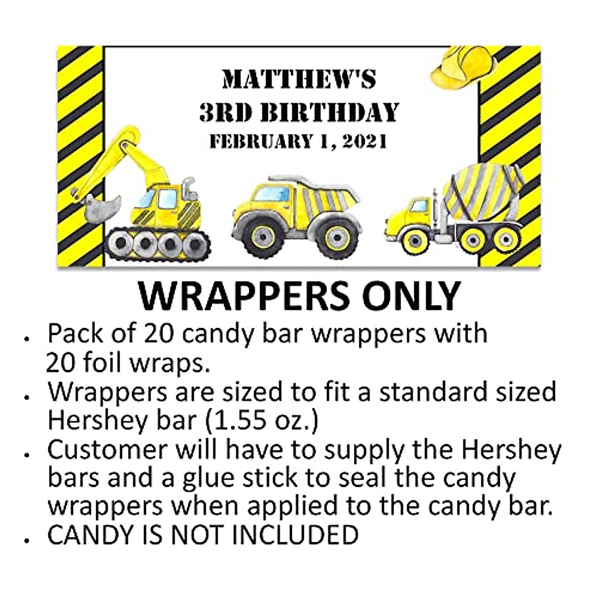 Construction Candy Bar Wrappers for Chocolate Bar, Personalized Party Favors, Boys Birthday, Hershey Bar Labels, Pack of 20