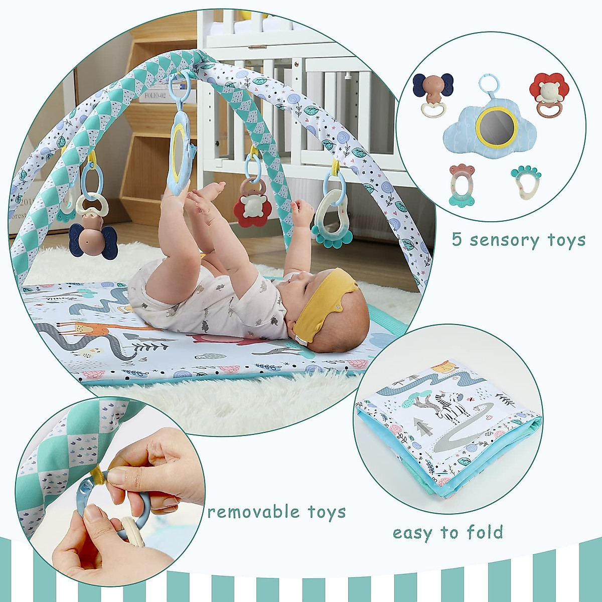 LOL-FUN Baby Play Mat Gym for Infant,Baby Floor Mat Activity Gym with Toys for Development,Foldable Gym Playmat for 0 3 6 9 12 Months Baby Girls and Boys