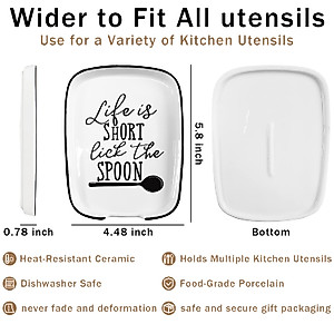 Hvukeke Ceramic Spoon Rest for Stove Top, Funny Life is Short Lick the Spoon White Spoon Holders for Kitchen Counter, Modern Farmhouse Kitchen Cute Decor