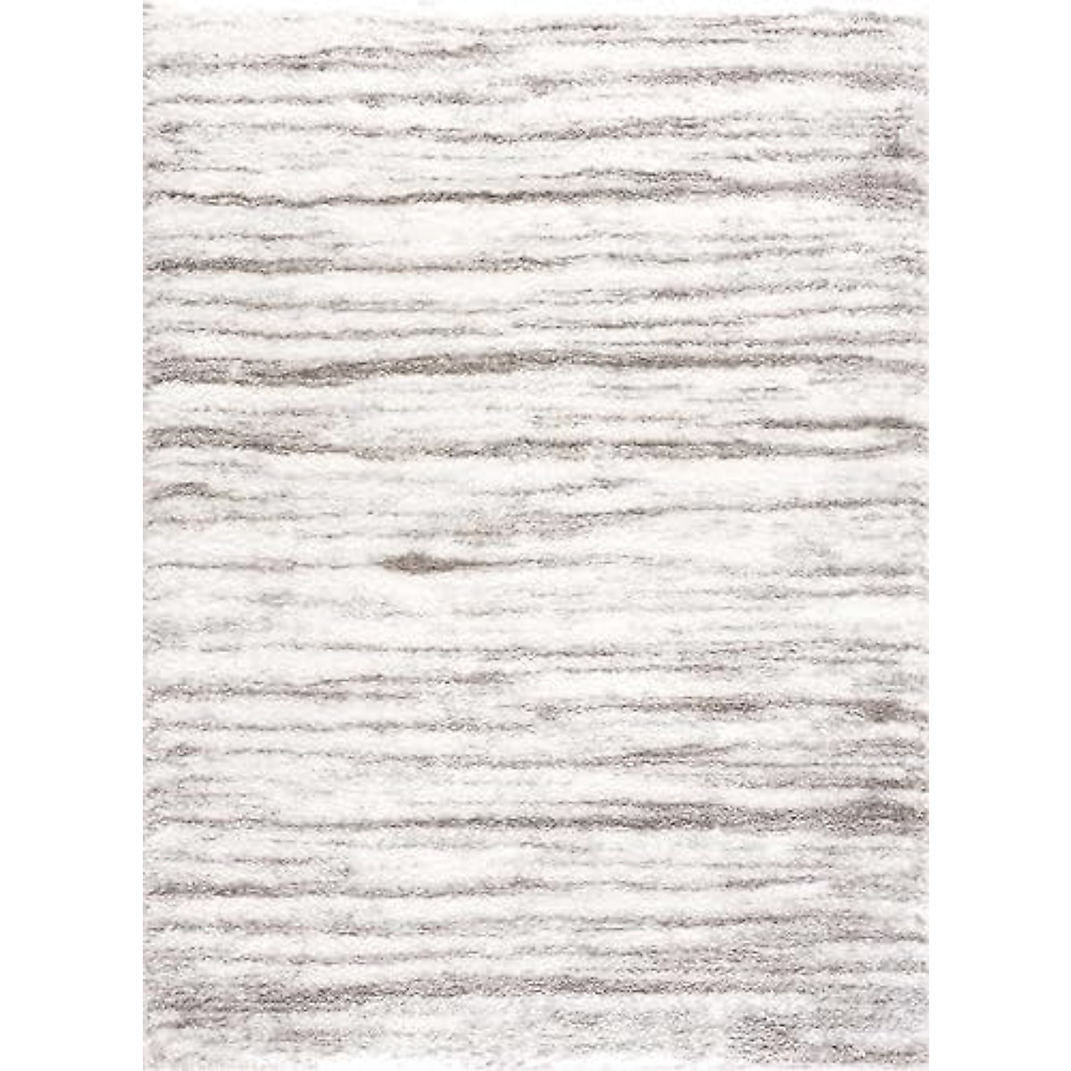 Hauteloom Mette Living Room, Bedroom Shaggy Area Rug - Bohemian Modern Striped Farmhouse Shag - Fluffy Soft Touch High Pile - Gray, White, Vizon - 6'7" x 9'
