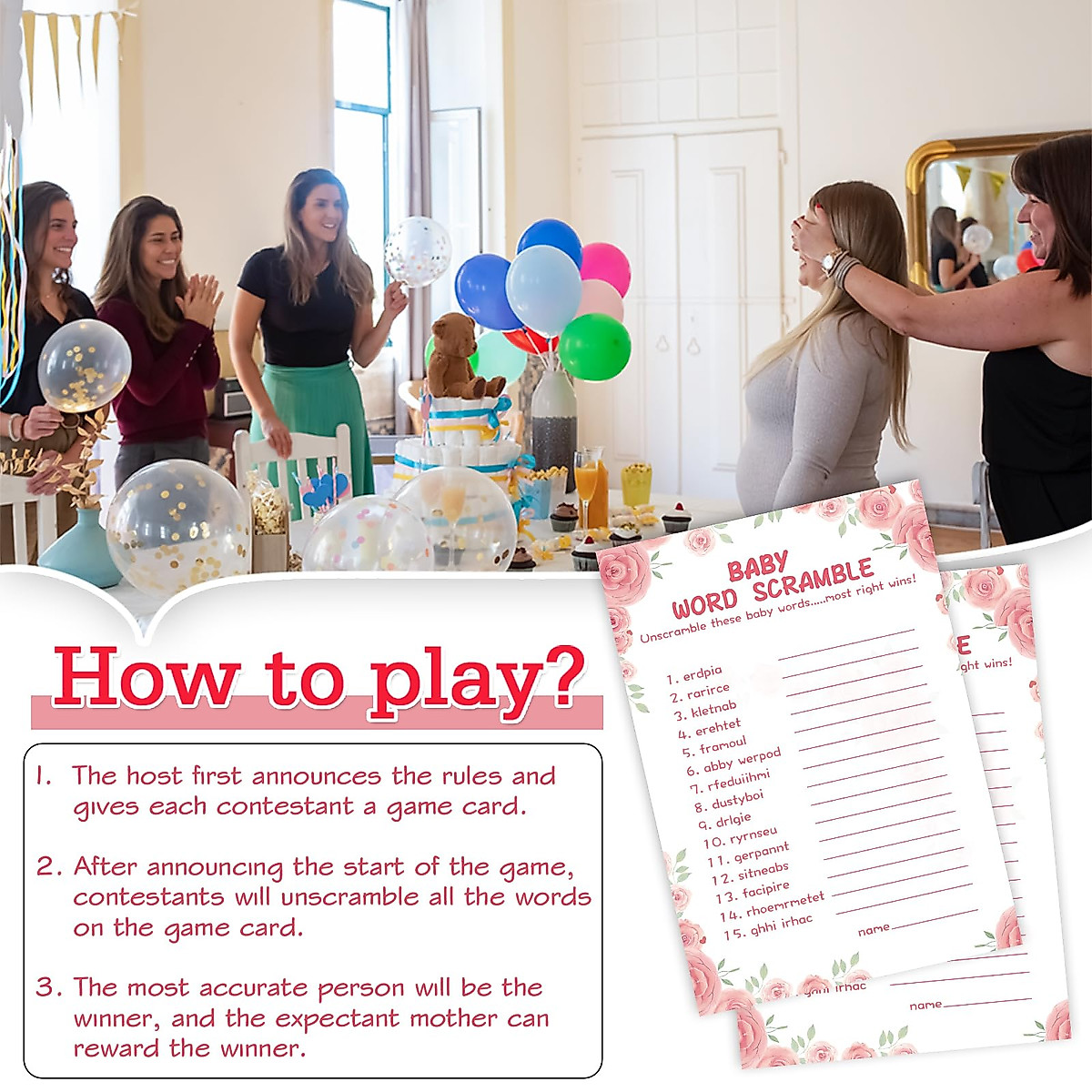 OLOUTAB 50 Baby Shower Games for Girl-Baby Shower Word Scramble Game,Floral Theme, Thick Cardstock, Fun and Easy to Play,Hilarious Baby Shower Games(with Answer)