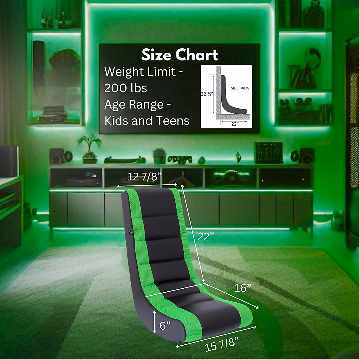 The Crew Furniture Classic Video Rocker Floor Gaming Chair, Kids and Teens, Racing Stripe PU Faux Leather & Polyester Mesh, Black/Green