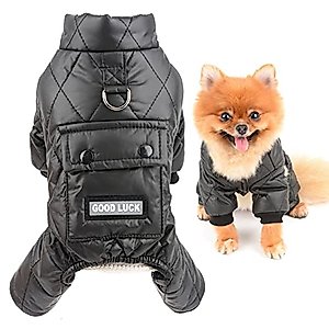 SMALLLEE_LUCKY_STORE Pet Padded Winter Coat Snowsuit with Pocket D-Ring for Small Dogs Cats Waterproof Windproof Puppy Chihuahua Yorkie Fleece Lined Warm Cold Weather Clothes,Black,S