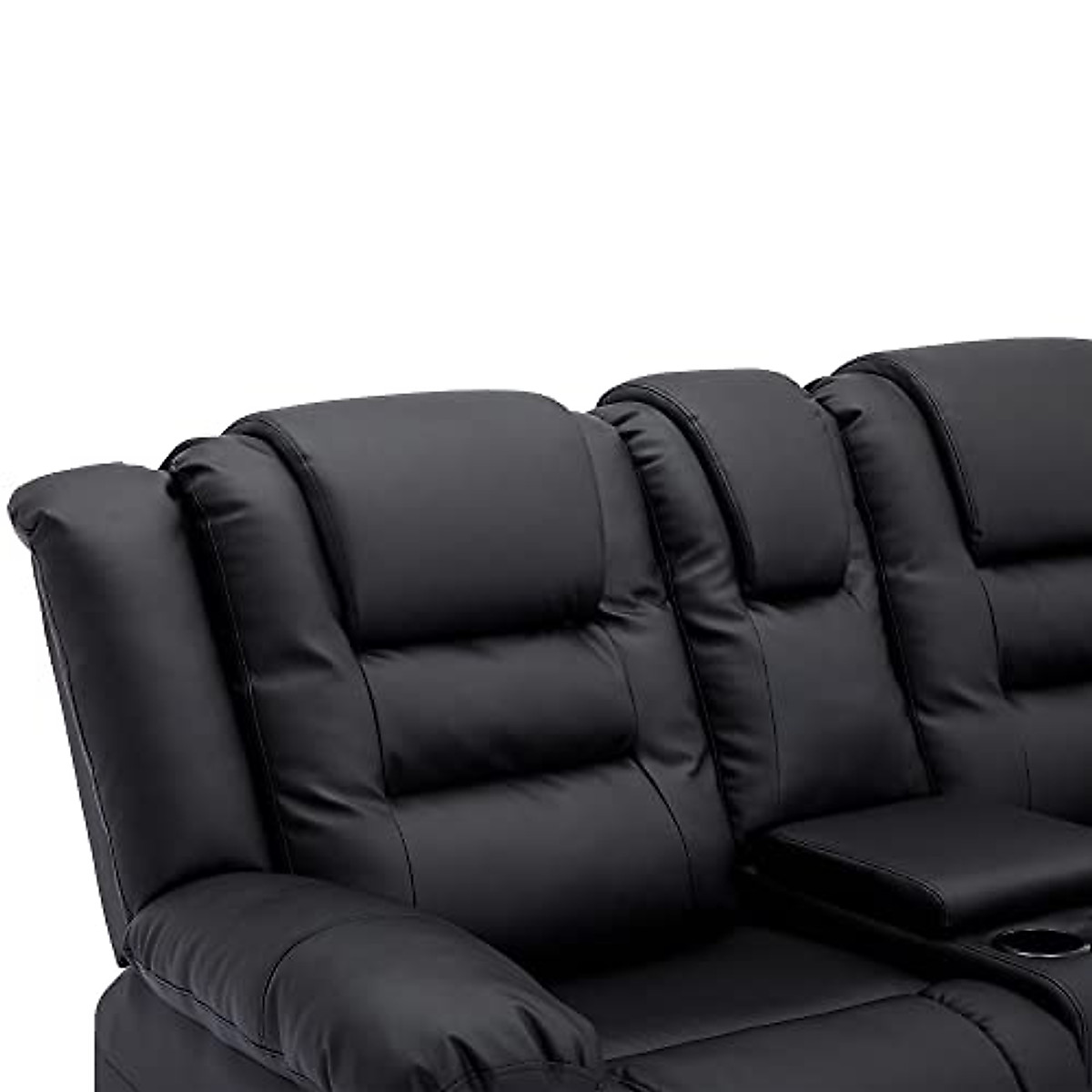 PU Leather Double Reclining Sofa with Center Console, Upholstery Manual Recliner Loveseat Couch w/Easy Pull Handles and Adjustable Footrest, 2-Seater Sofa & Couch for Home Theater Seating