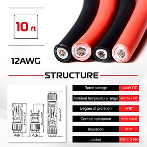 Solar Panel Extension Cable 12 Gauge 12 AWG 10 Feet Black + 10 Feet Red Solar Panel Extension Cable Wire Solar Connectors
