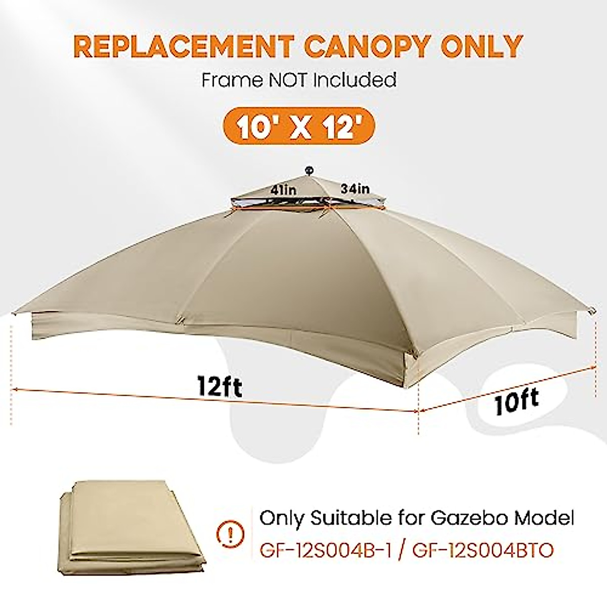 Akeacubo Replacement Canopy Cover - Double Teir Sunshade Polyester Soft Top Cover for 10'x12' Gazebo Providing Shade and Shelter in Gardens, Parks, Backyards, Patios or Decks - Beige