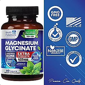 Magnesium Glycinate 425 mg with Calcium - Max Absorption Magnesium Tablets for Muscle, Nerve, Bone & Heart Health Support, Minor Muscle Cramp Support - Non-GMO, Vegan Supplement - 60 Tablets