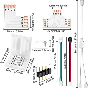 5050 4 Pin RGB 10mm LED Strip Connector Kit RGB Extension Cable, LED Strip Jumper, 2 Way RGB Splitter Cable, L Connectors, T Connector, Gapless Connectors, 4 Pin Male Connector, LED Strip Clips