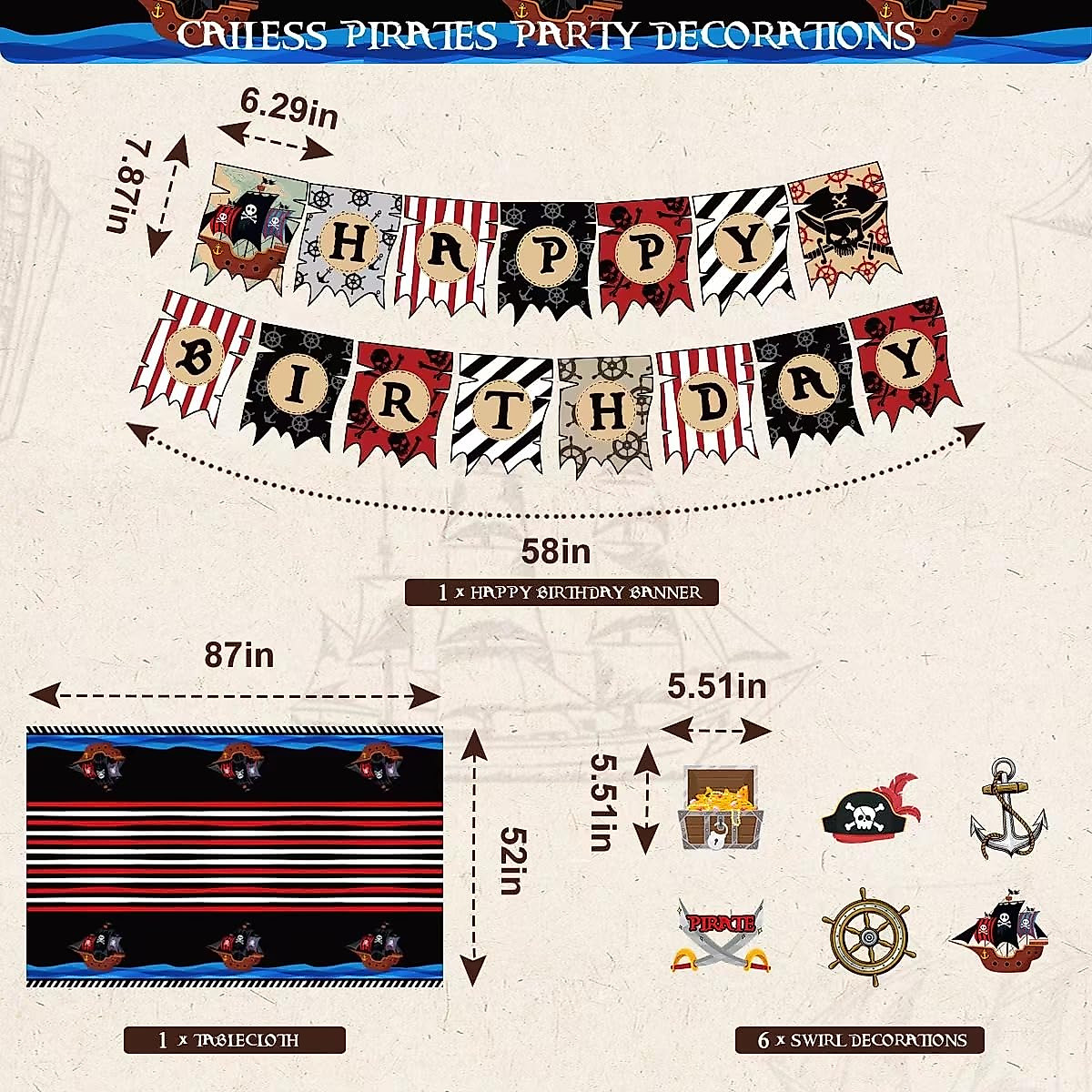 CAILESS Birthday Party Decorations - Pirates Birthday Party Decorations 103Pcs, Included Pirates Theme Banner Cake Toppers 12'' Latex Balloons Swirls Decor Pirates Foil Balloons for Pirates Party