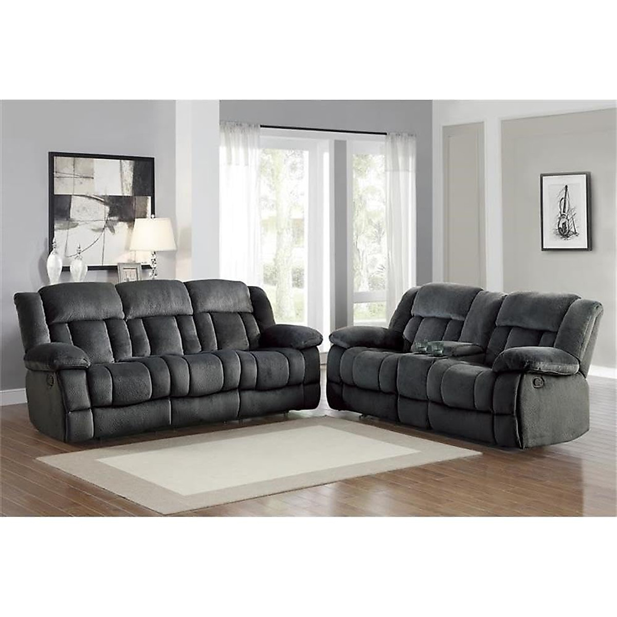 Pemberly Row Plush Double Reclining Sofa, Upholstered 3 Seater Fabric Recliner Couch for Home Living Room, Charcoal
